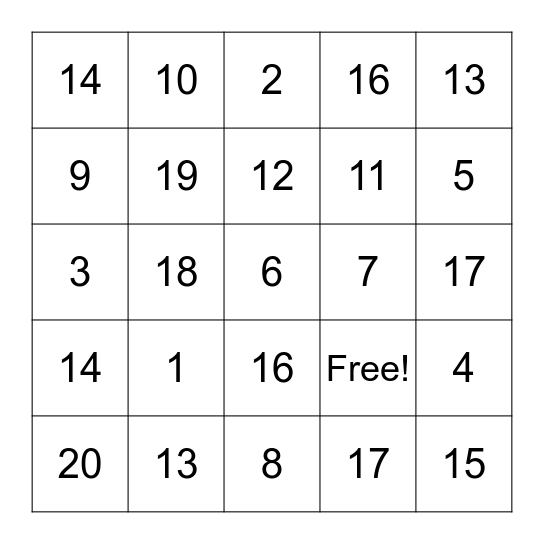 1 - 20 Bingo Card