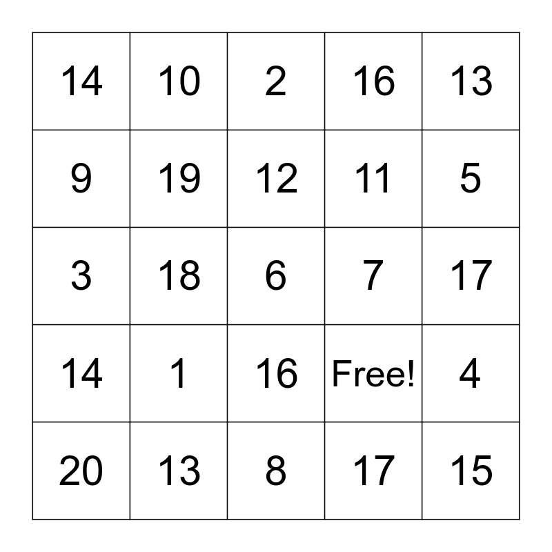 1 - 20 Bingo Card