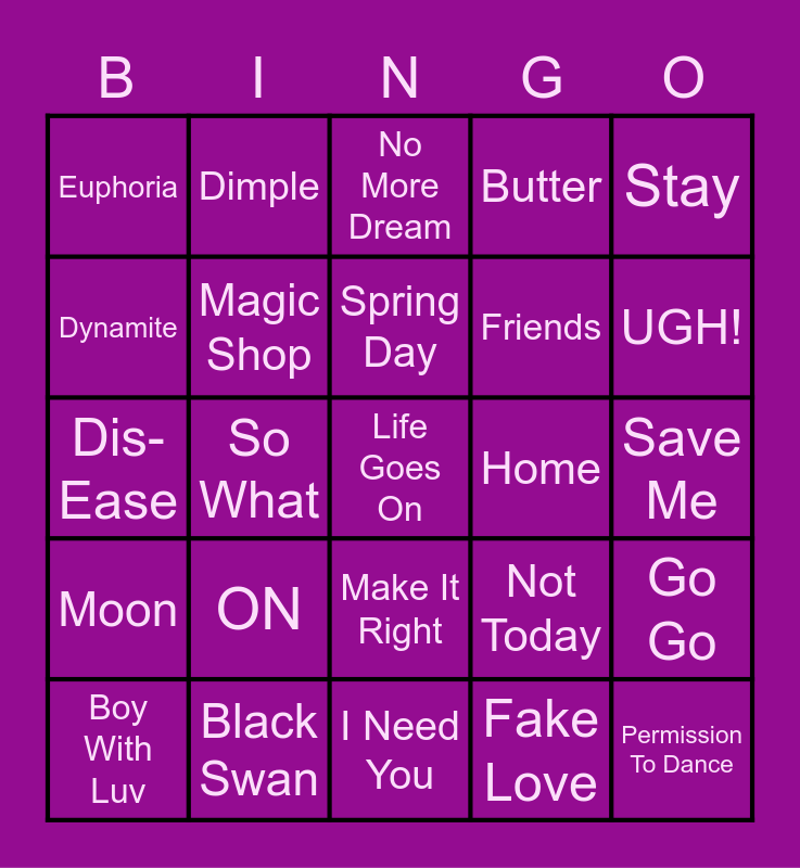 BTS Bingo- @MynameisJess91 Bingo Card