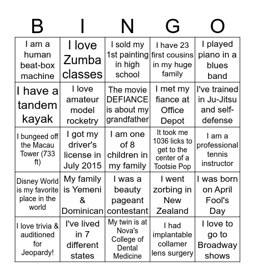Getting to know the Class of 2019-NSU Optometry Bingo Card