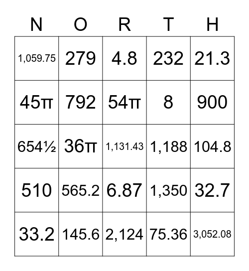 Surface Area and Volume Bingo Card