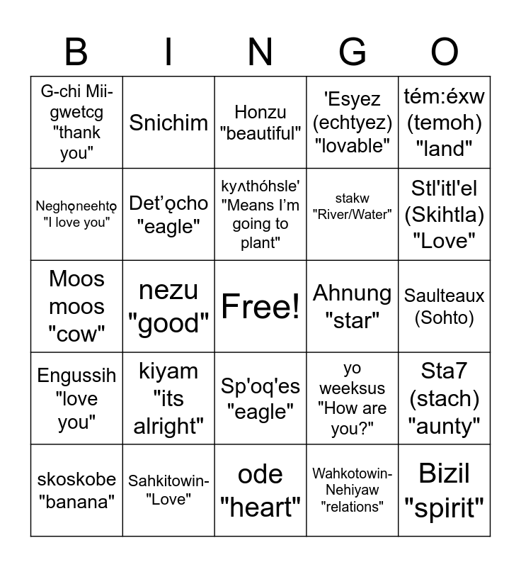 Traditional Languages Bingo Card
