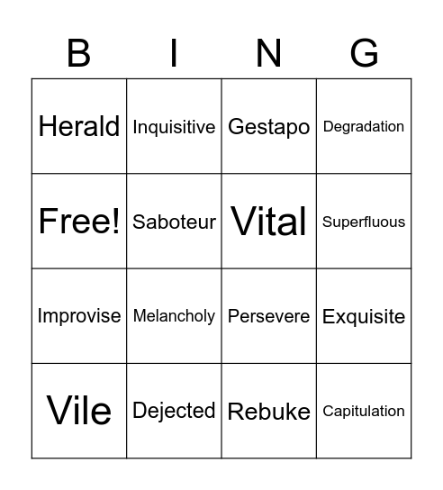 Anne Frank Vocab 1-2 Recap Bingo Card