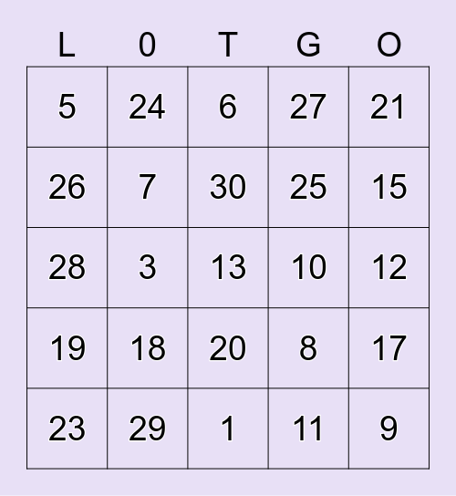 Les Nombres de 1 à 30 Bingo Card