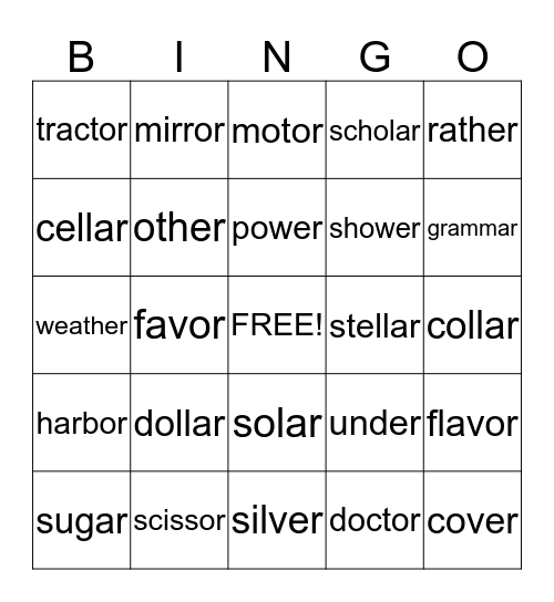 Unaccented Final Syllables Bingo Card