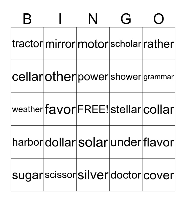Unaccented Final Syllables Bingo Card