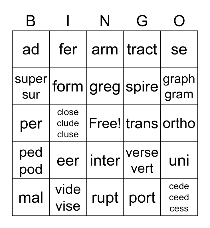 Morphology Bingo Block 1 Bingo Card