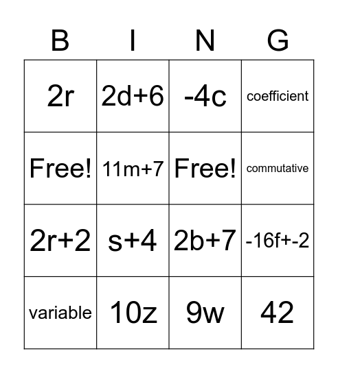 Combining Like Terms JT Bingo Card
