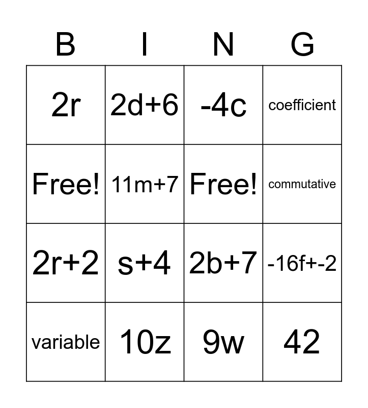 Combining Like Terms JT Bingo Card