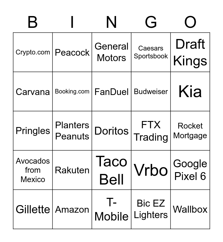 SUPER BOWL COMMERCIAL Bingo Card