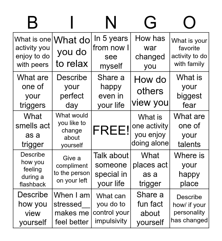 PTSD Bingo Card