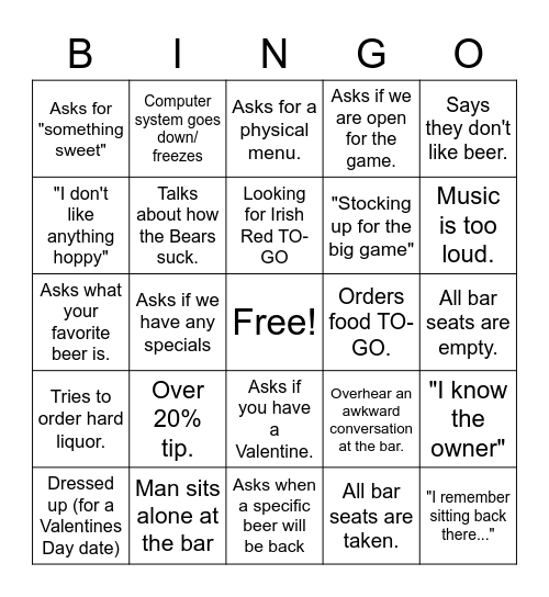 BAR BINGO Card