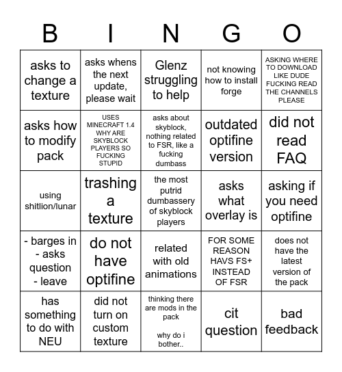 FSR #questions-and-support and #feedback BINGO Card