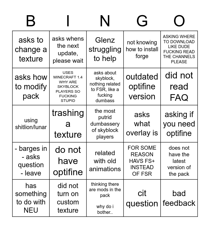 FSR #questions-and-support and #feedback BINGO Card