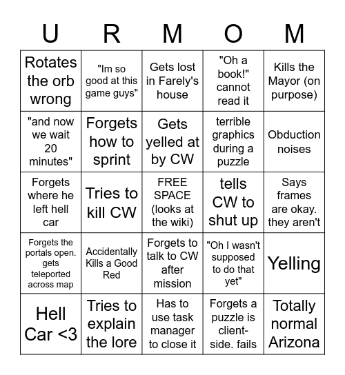 Fluffle Plays Obduction Bingo Card