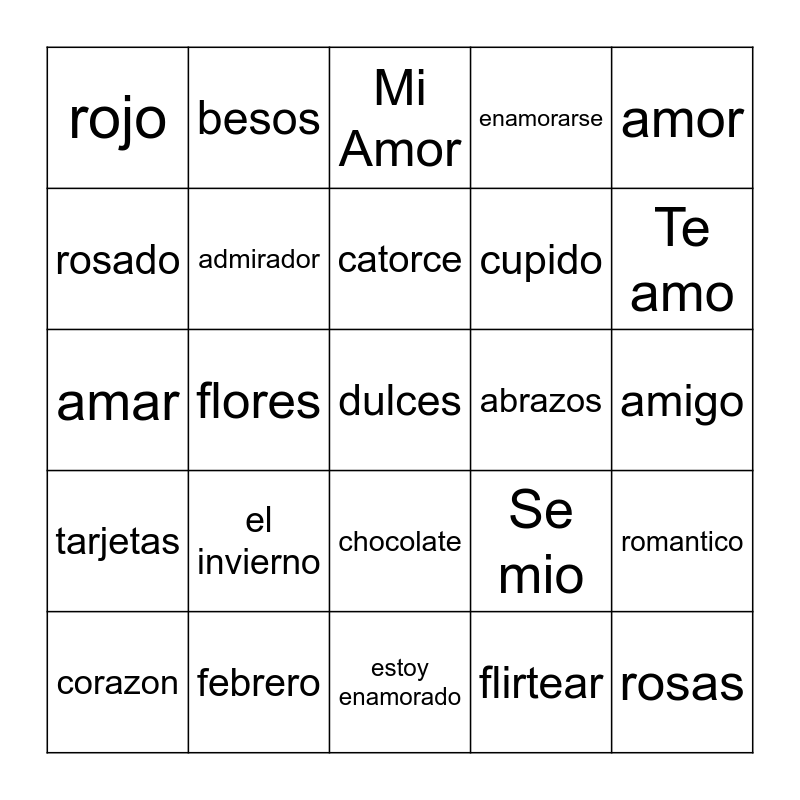 El Dia de San Valentin Bingo Card