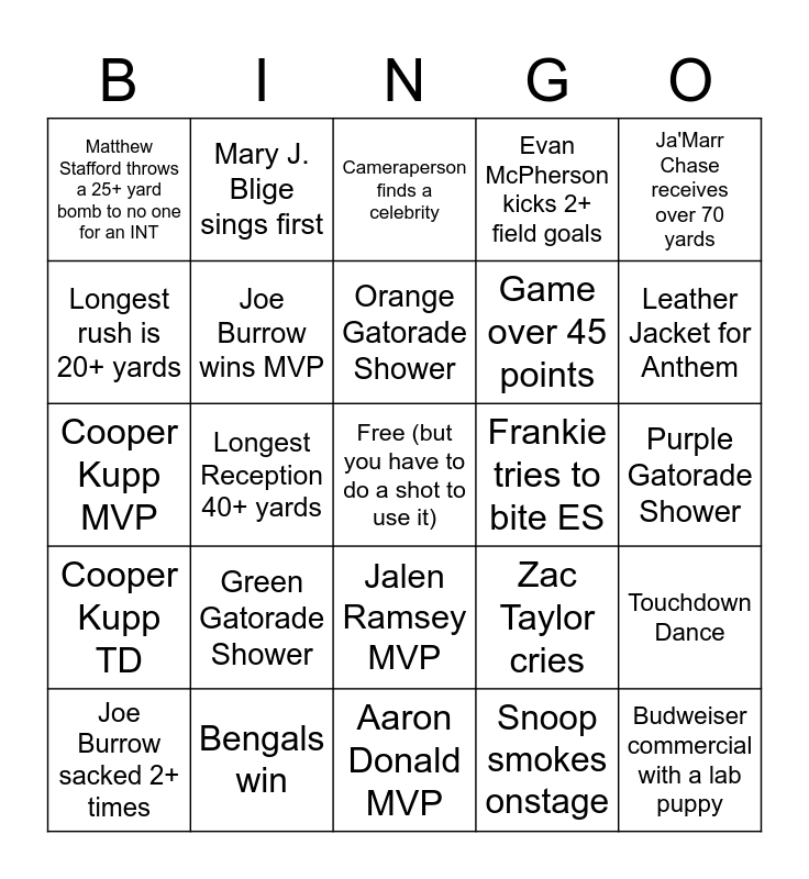 Super Bowl LVI Bingo Card