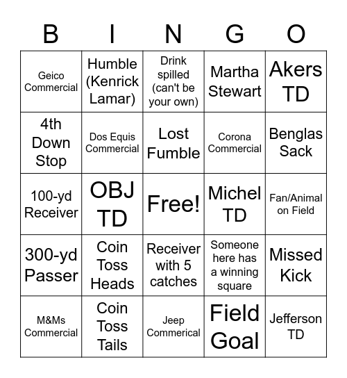 Super Bowl LVI Bingo Card