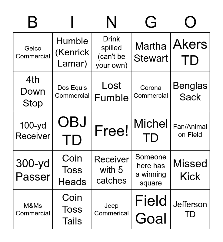 Super Bowl LVI Bingo Card