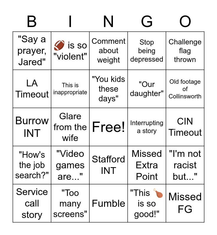 SB LVI Bingo | Passive Agressive In-laws Edition Bingo Card