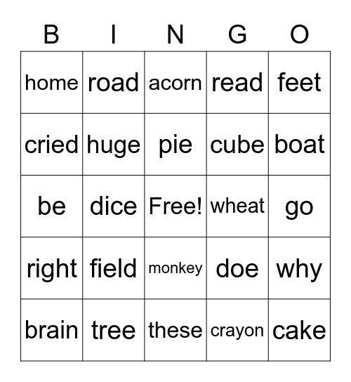 Long Vowel Bingo Card