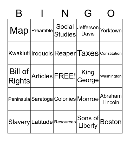 6th Grade SOCIAL STUDIES Bingo Card