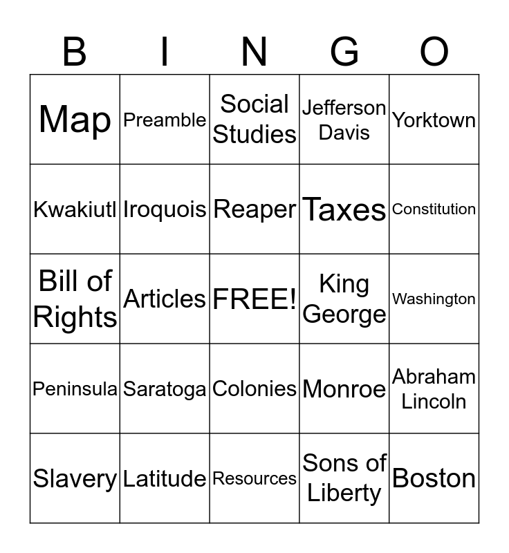 6th Grade SOCIAL STUDIES Bingo Card