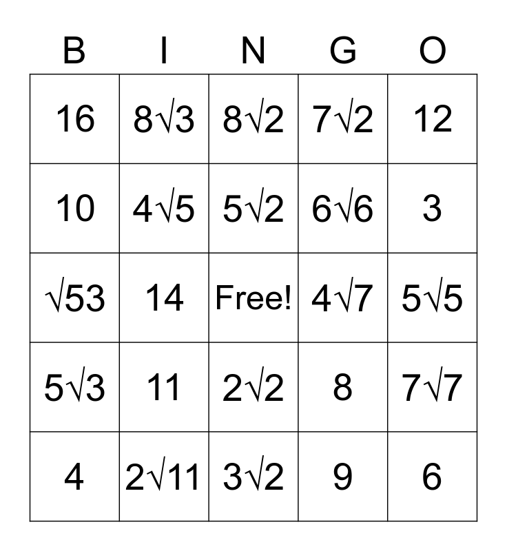 Simplifying Radicals Bingo Card
