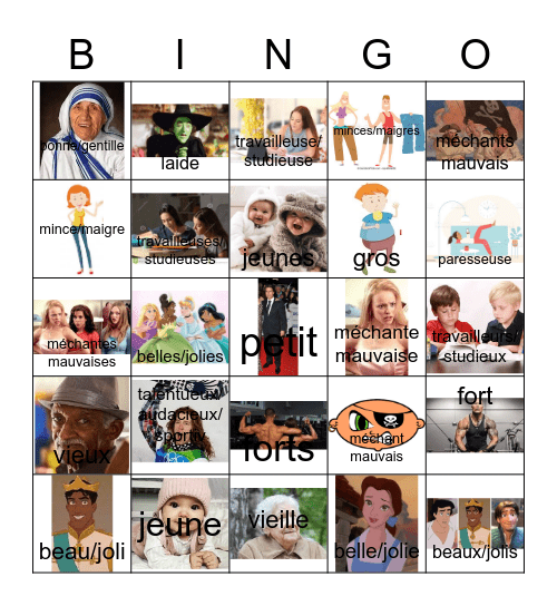 Adjectives Bingo French Beaut/Tall/Fat/Old mixed Bingo Card