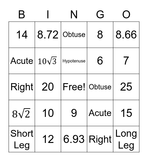 Right Triangle Bingo Card