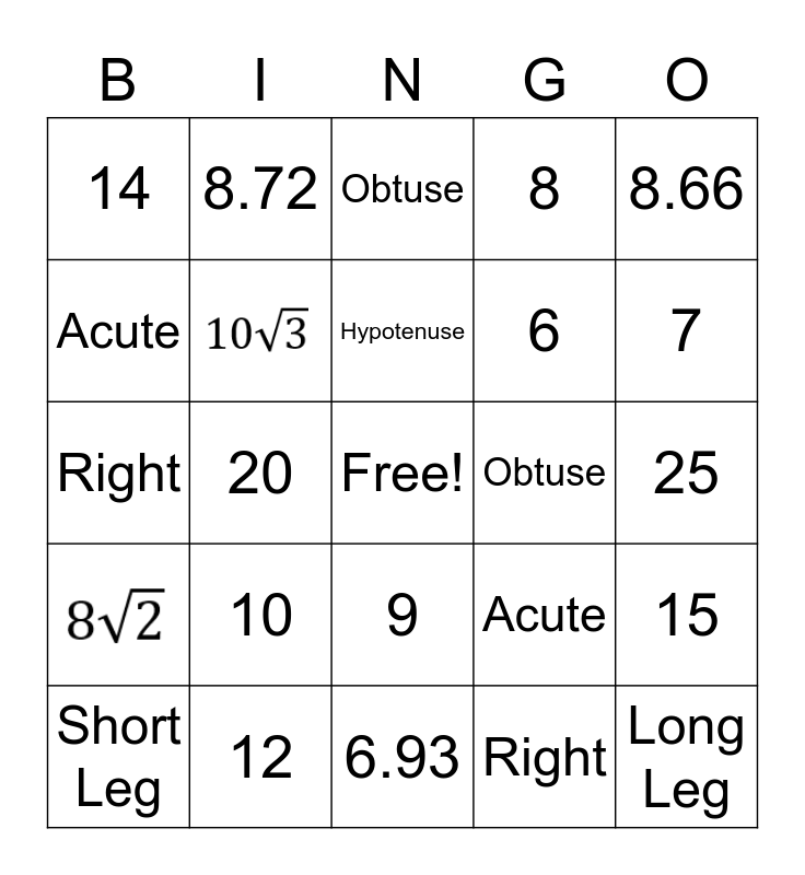 Right Triangle Bingo Card