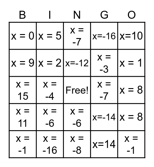 Multi-Step Equation BINGO Card