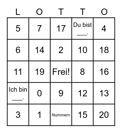 Nummern 0-20 Bingo Card