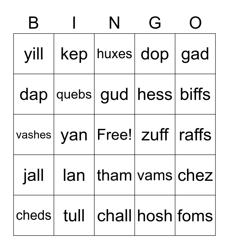 Nonsense Words Bingo Card