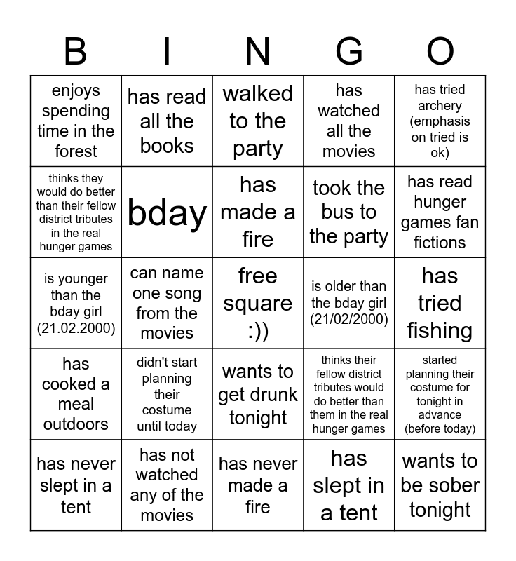 H U N G E R G A M E S Bingo Card H U N G E R G A M E S Bingo Card