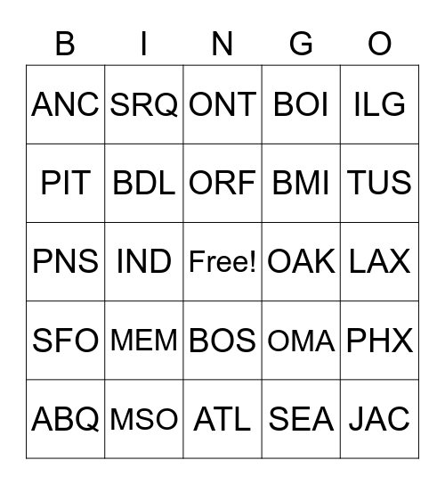 Airport Code Bingo! Bingo Card