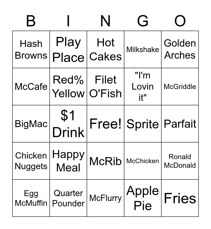 McDonalds Bingo Card