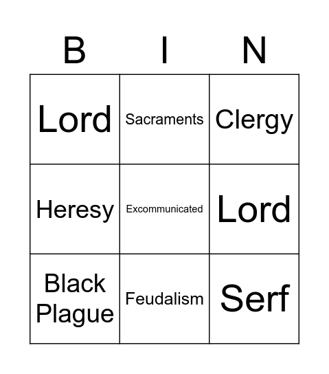 Middle Ages Bingo Card