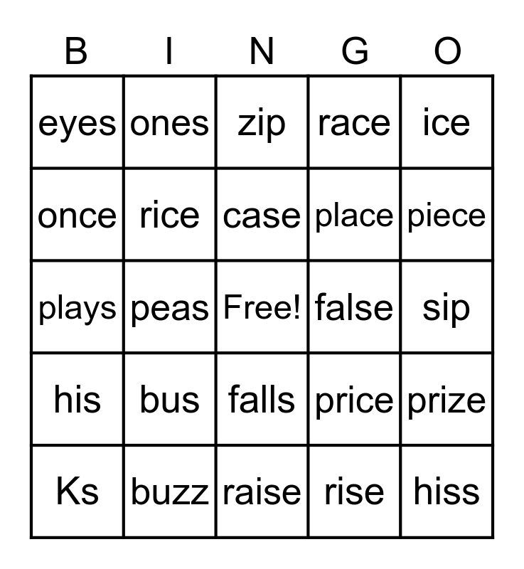 Phonics /s/ and /z/ Bingo Card