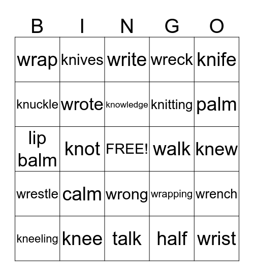 Silent letters 'kn', 'wr' and 'l' Bingo Card