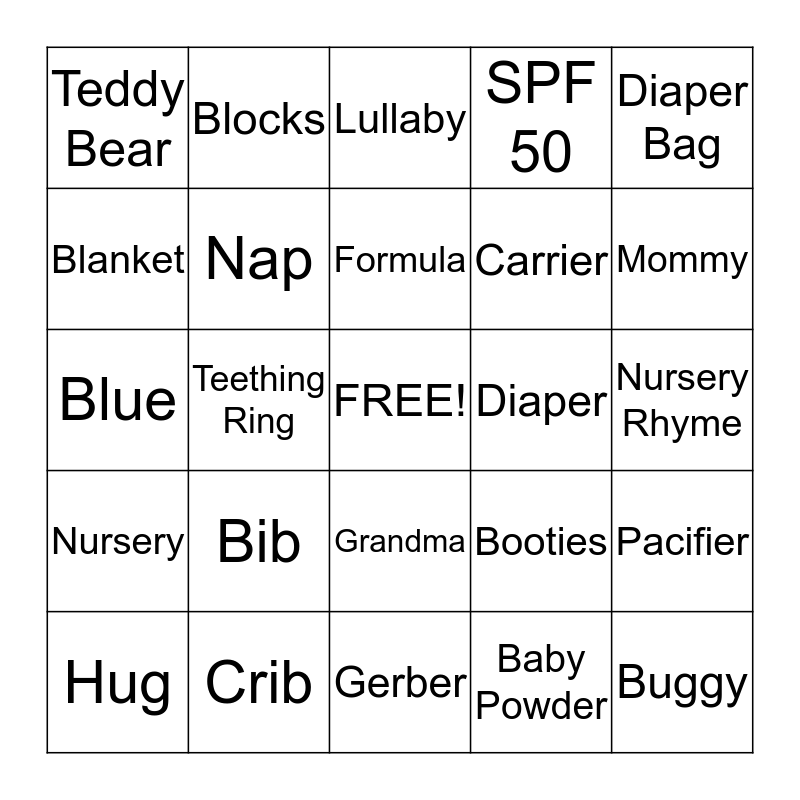 Leber Baby Shower Bingo Card
