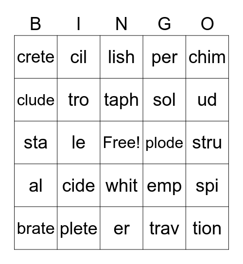 SIPPS Syllable Bingo Card
