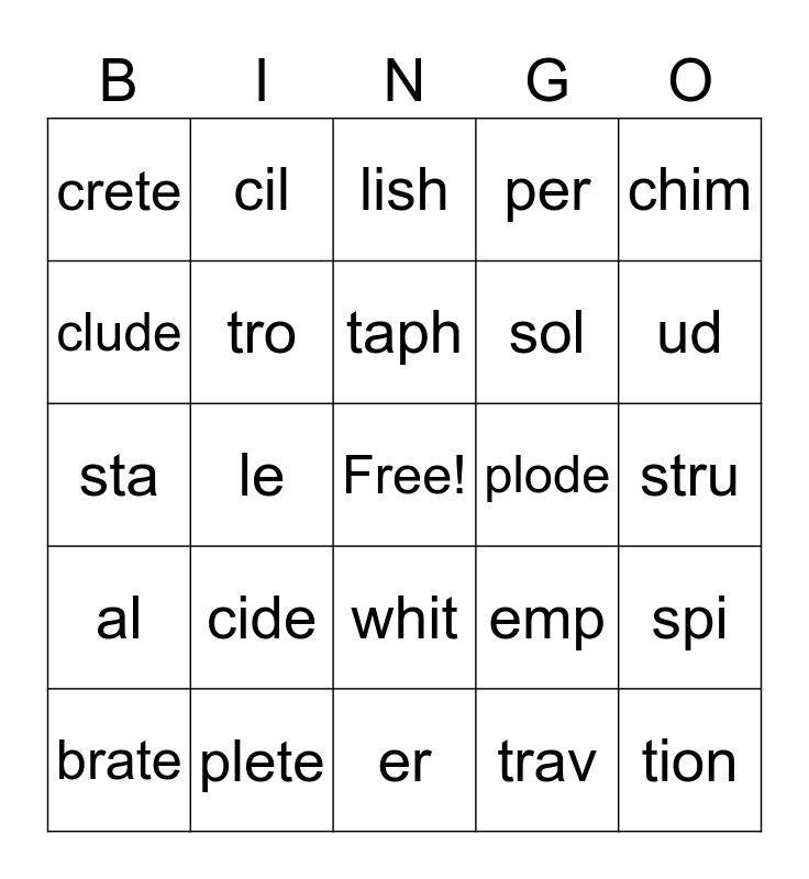 SIPPS Syllable Bingo Card