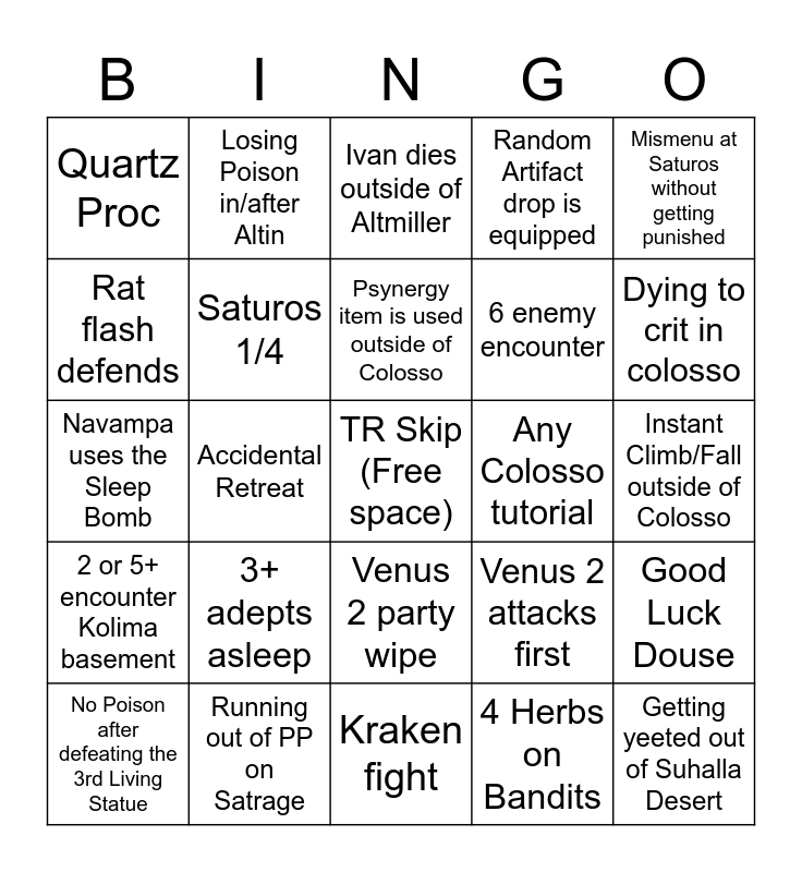 Golden Sun: The Broken Seal: Bingo Card