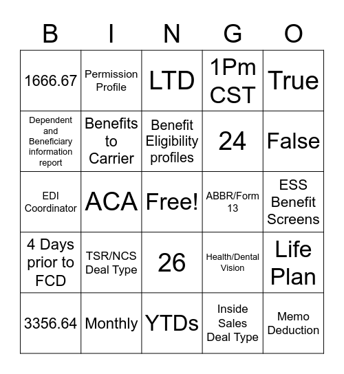 Benefits Bingo Card