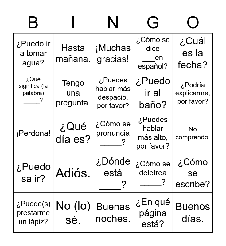 - Frases útiles en la clase de español - Bingo Card