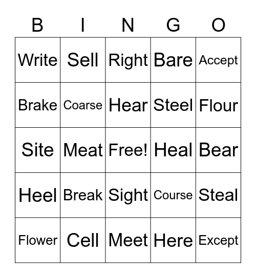 Homophones #1 Bingo Card