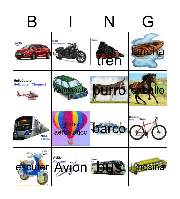 Medios de Transporte Bingo Card