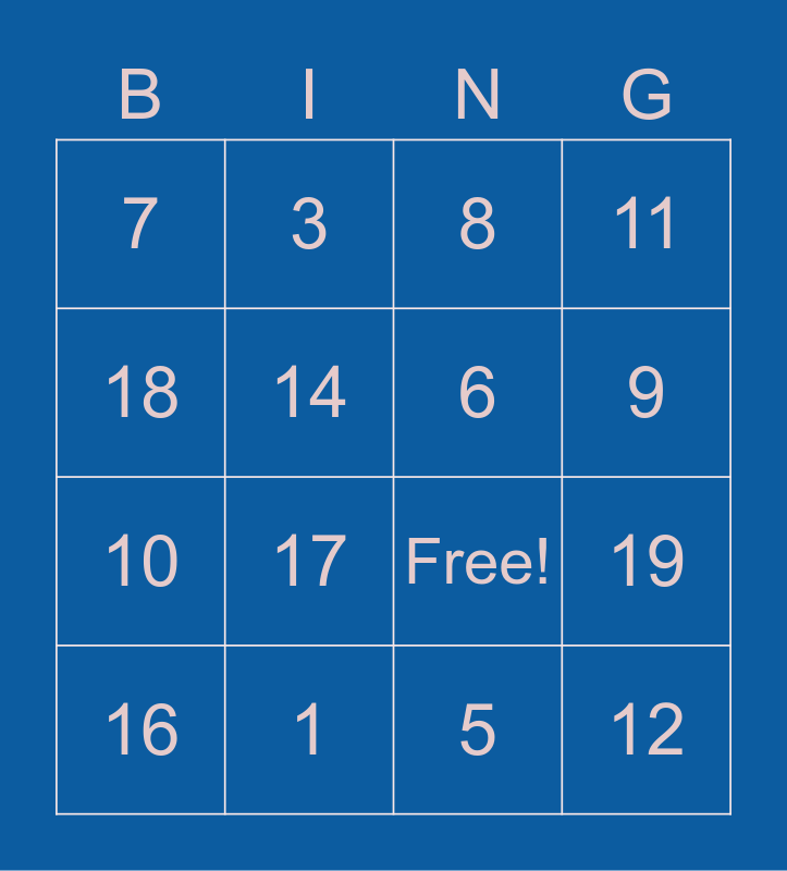 Numbers 1-20 Bingo Card