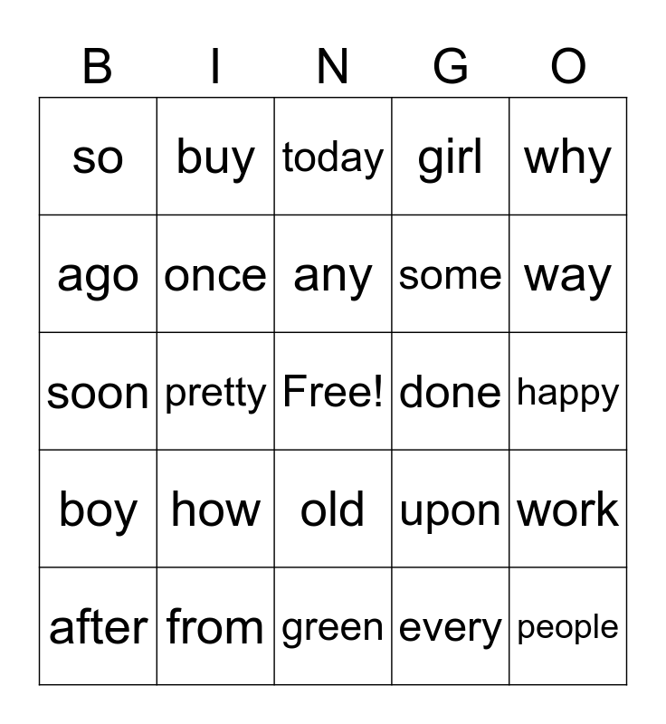 High Frequency Words Bingo Card